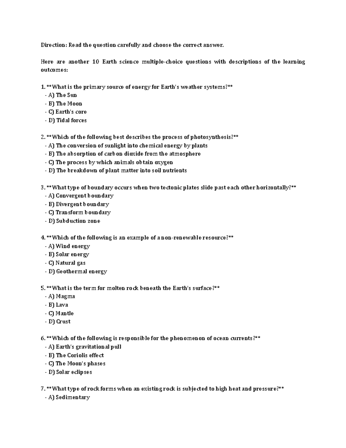 SAA29 - Earth Science Quiz: Key Concepts and Learning Outcomes - Studocu