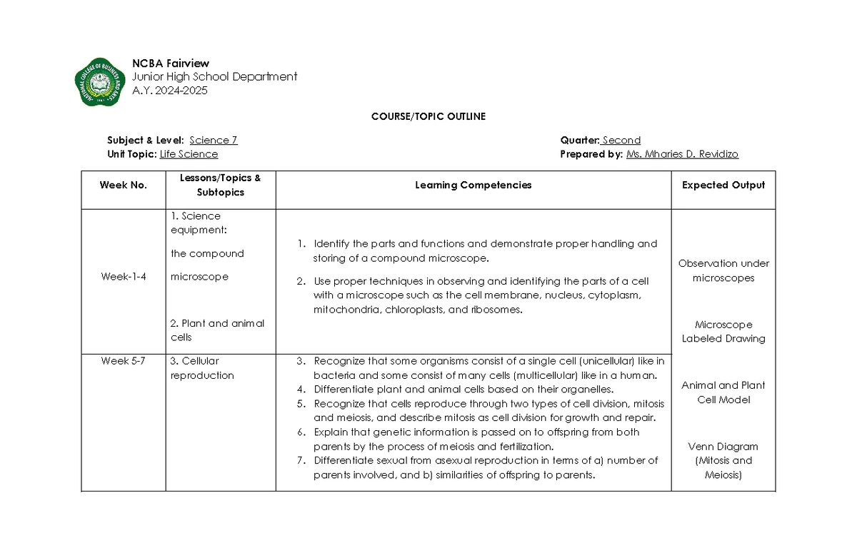NCBA Fairview Junior High School Science 7 Topic Outline: Life & Earth ...