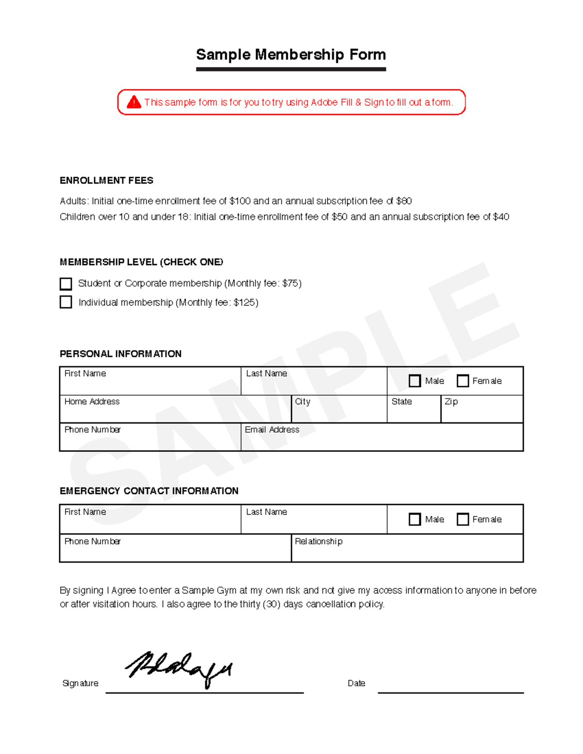 Sample Form - no document - Sample Membership Form ENROLLMENT FEES ...