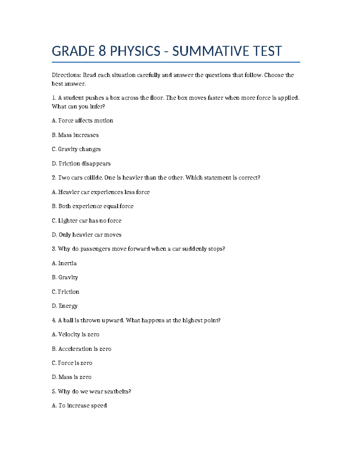 GRADE 8 PHYSICS SUMMATIVE TEST: PISA TOS & Questions - Studocu