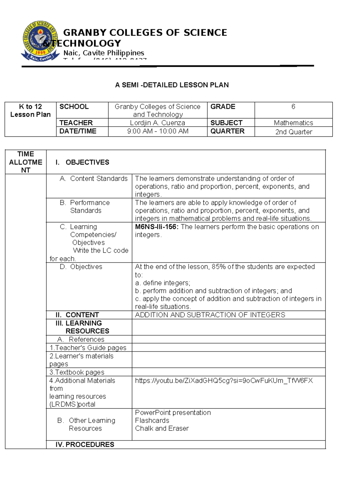 SEMI- Detailed Lesson Plan: Adding & Subtracting Integers - Gr. 6 - Studocu
