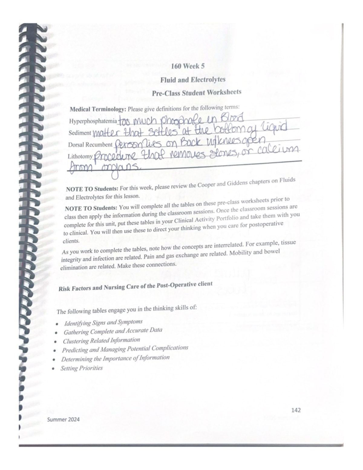 160 Week 5 - Fluid and Electrolytes Study Worksheets and Concepts - Studocu