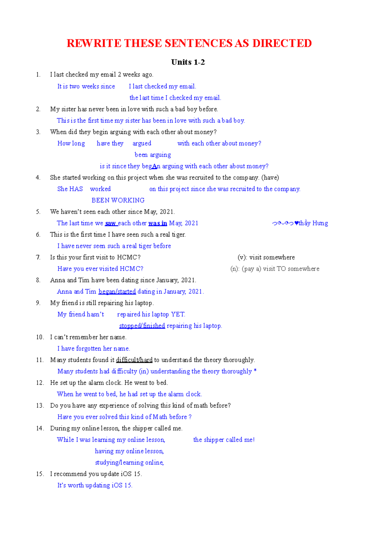 Rewrite Units 1 & 2: Sentence Transformation Exercises - Studocu