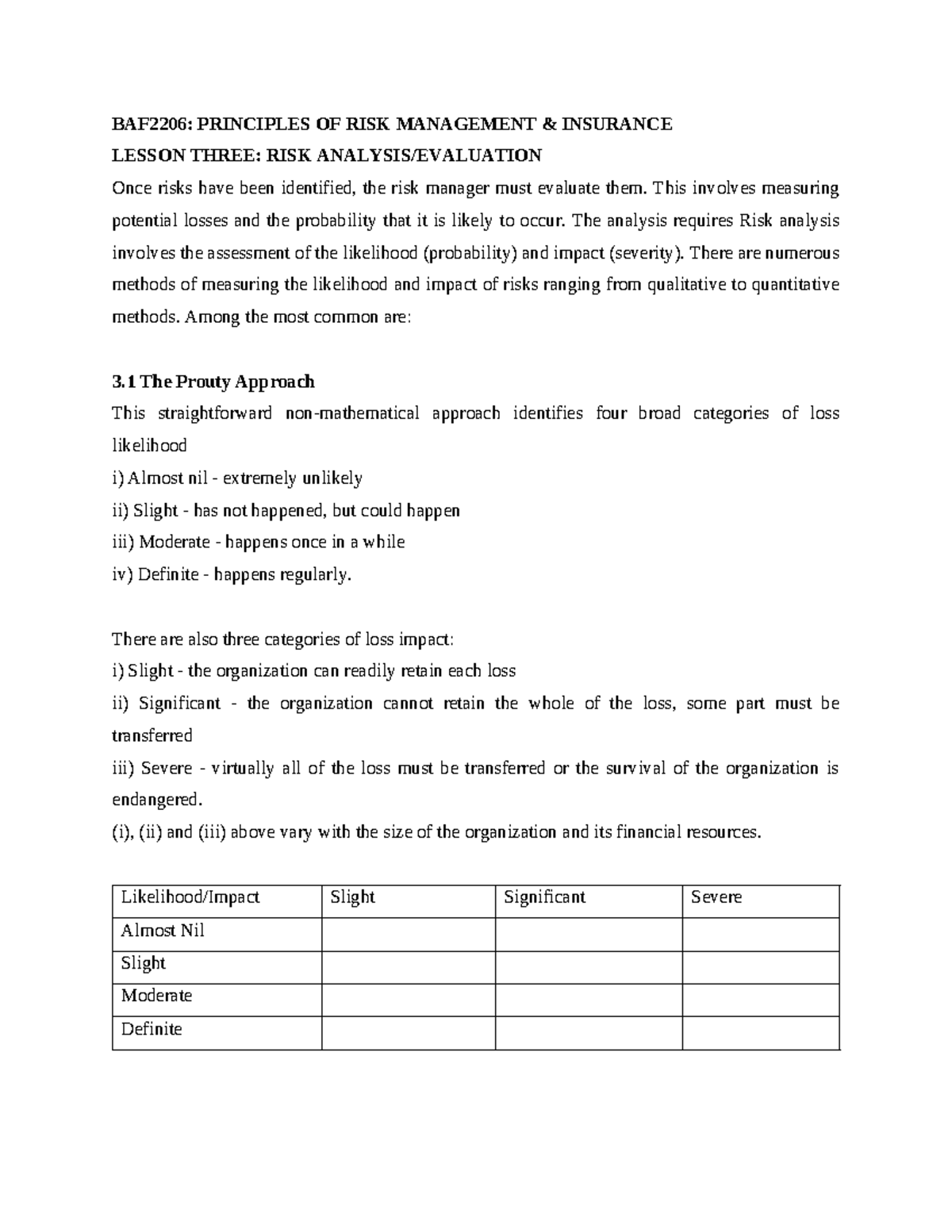 BAF2206: RISK MANAGEMENT INSURANCE LESSON 3 - RISK EVALUATION METHODS ...