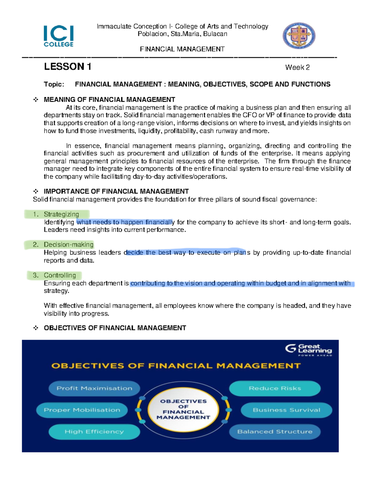 Lesson 1 - Financial Management - Immaculate Conception I- College of ...