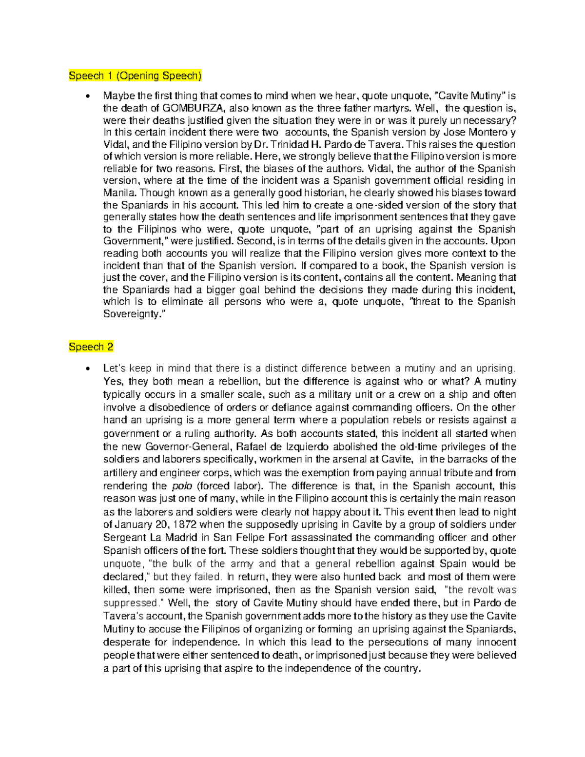 Cavite Mutiny Debate Script: Filipino Perspective Analysis - Studocu