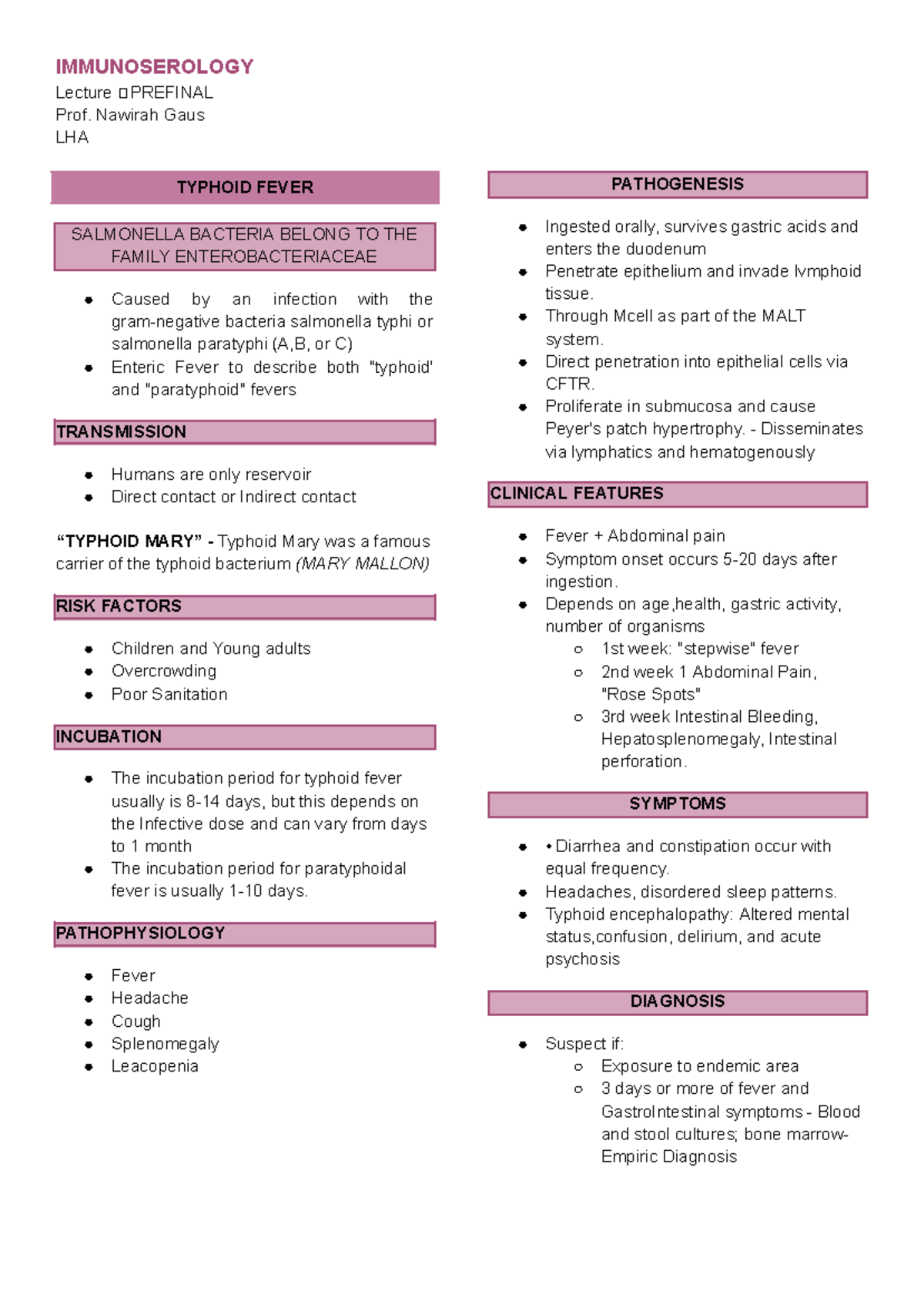 IMMUNOSEROLOGY LHA PREFINAL: Typhoid Fever Overview - Studocu