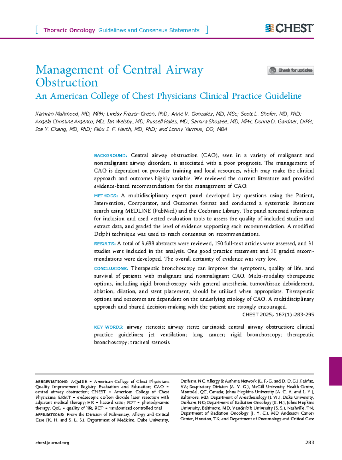 CHEST 2025 Guidelines: Management of Central Airway Obstruction - Studocu