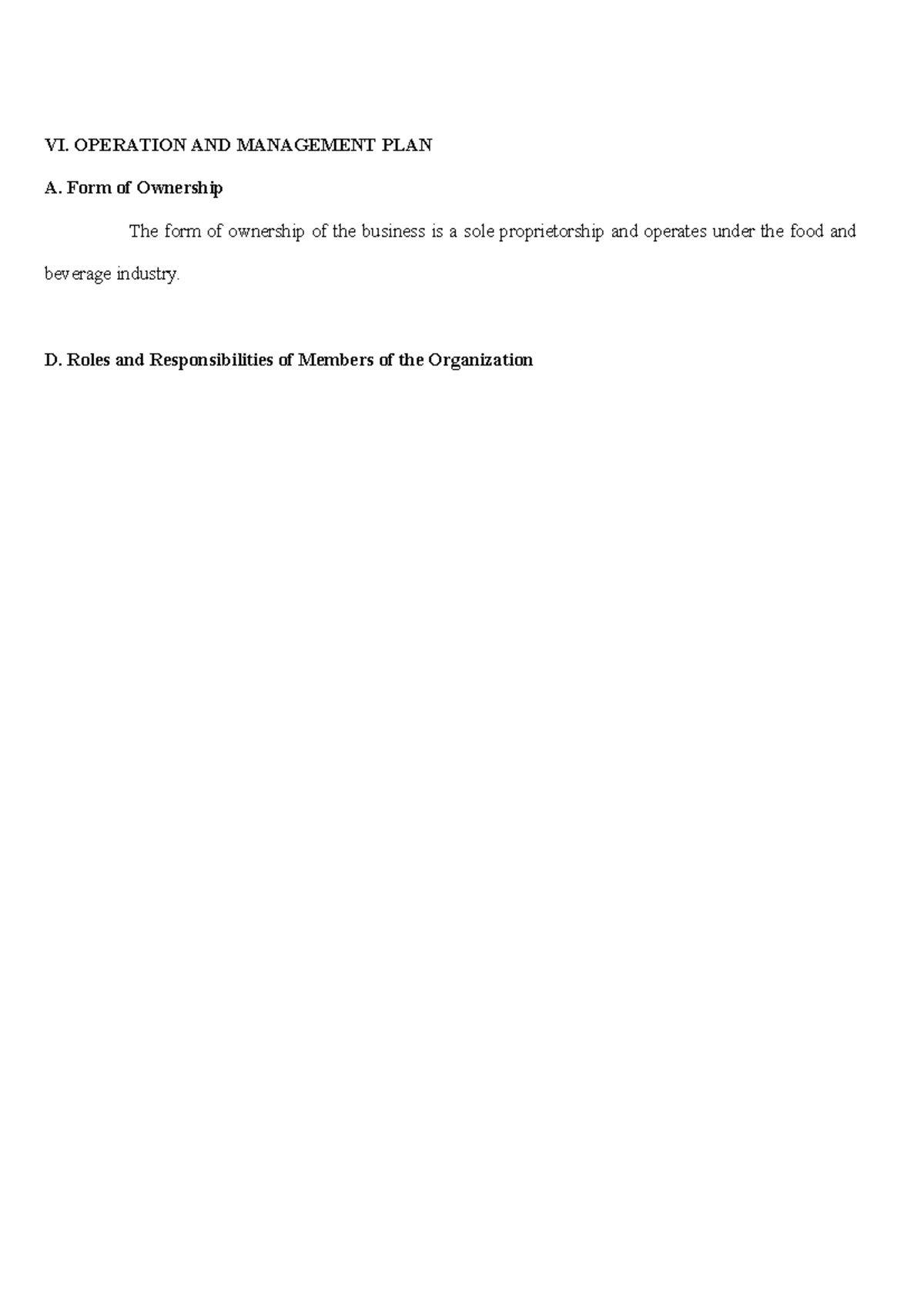 Operation and Management Plan for Sole Proprietorship in Food ...