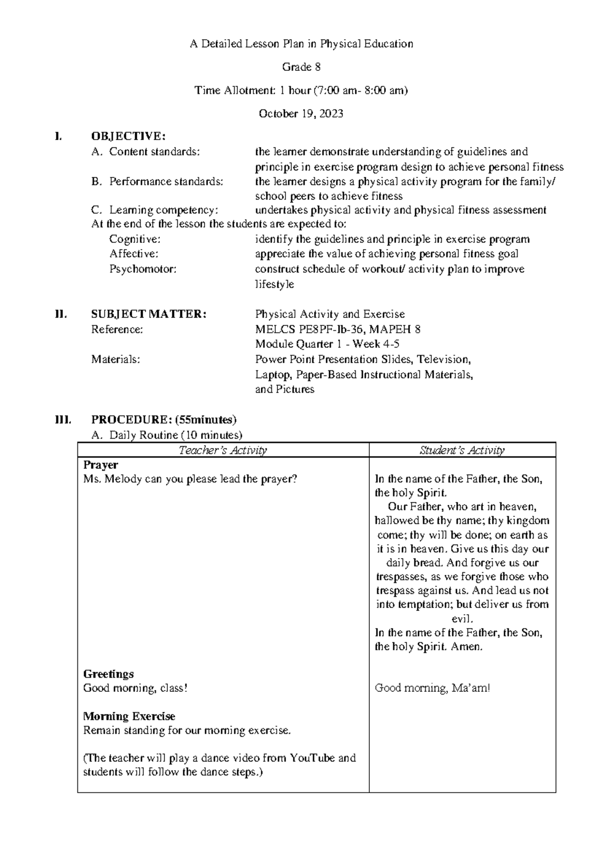 Grade 8 PE Detailed Lesson Plan: Fitness & Activity Design - Studocu