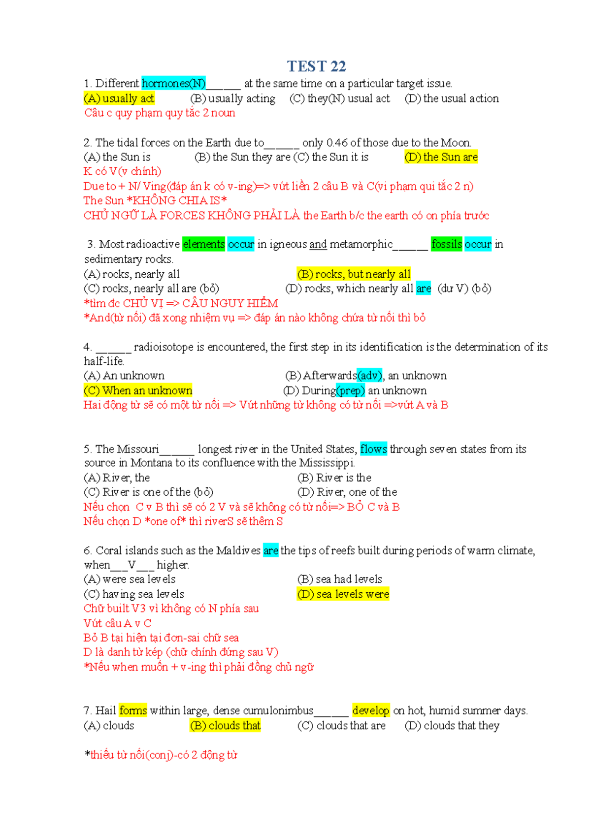 English 12 Test 22: Grammar and Sentence Structure Exercises - Studocu