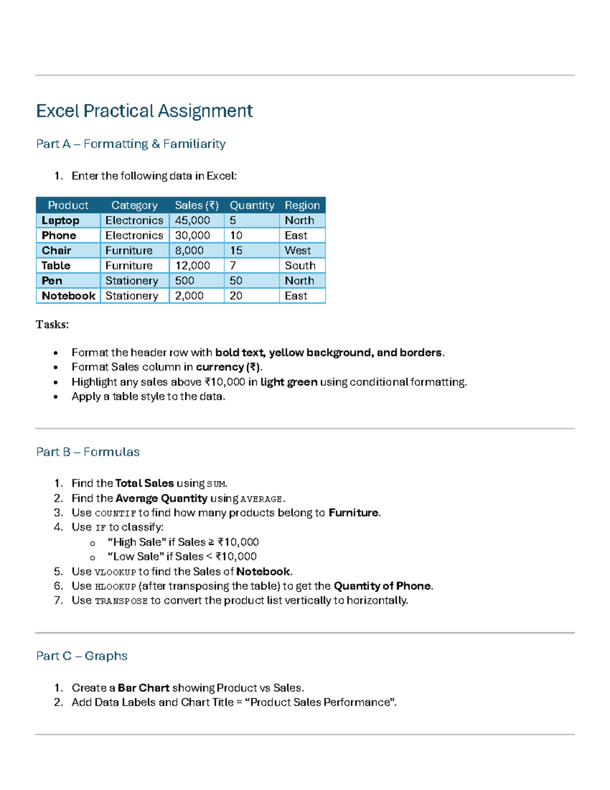 Excel Practical Assignment: Formatting, Formulas & Graphs - Studocu