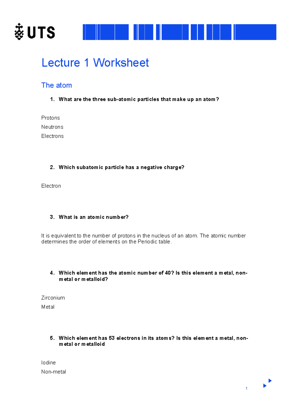 Lecture 1 Worksheet: Understanding Atoms and Compounds - Studocu