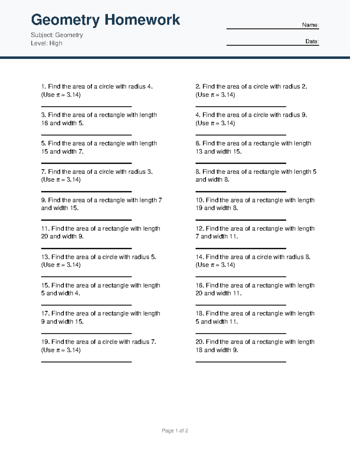 Geometry Homework 5: Area Calculations for Circles & Rectangles - Studocu