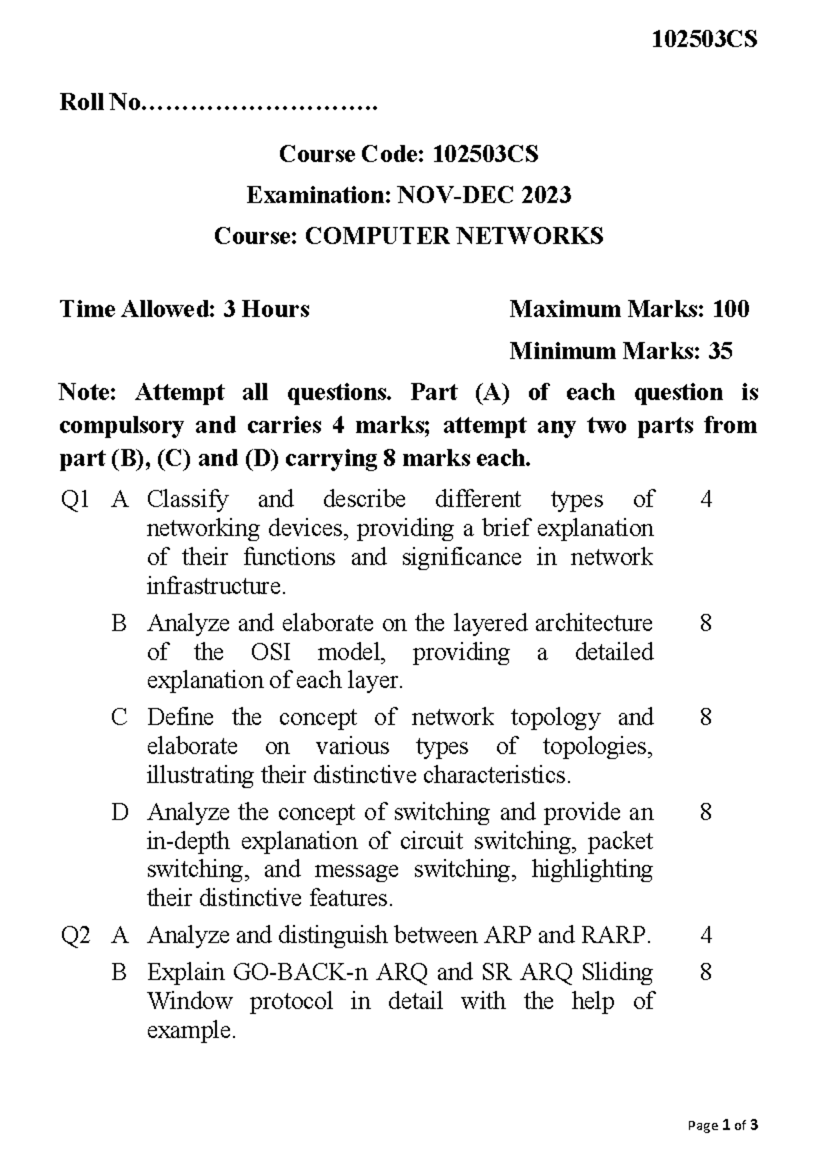 102503CS Final Exam: Computer Networks Question Paper 2023 - Studocu