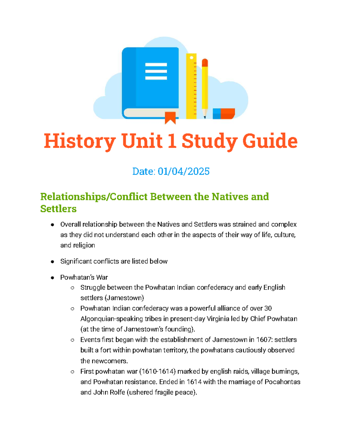 History Unit 1 Study Guide: Native-American Settler Relations - Studocu
