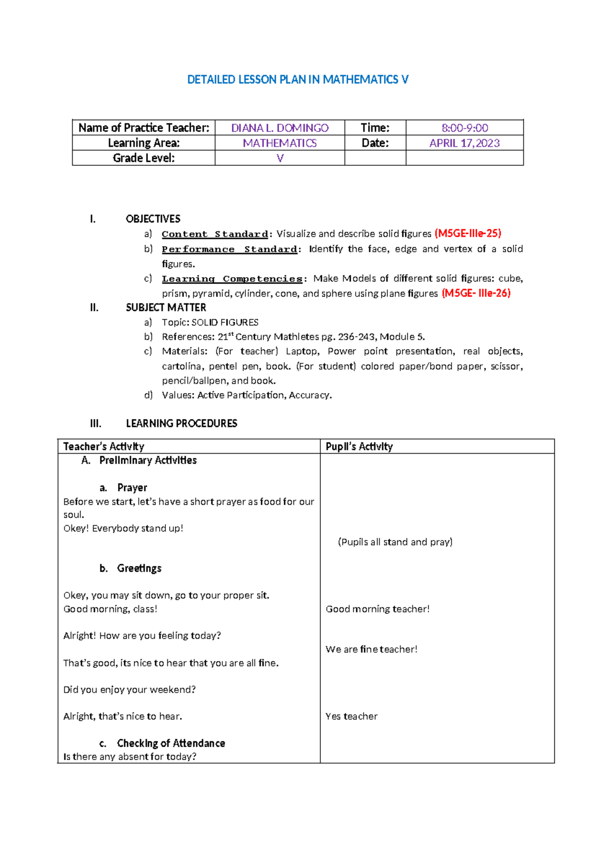 Detailed Lesson Plan in Mathematics V: Solid Figures (M5GE-IIIe) - Studocu