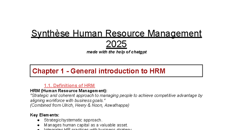 Synthèse HRM 2025: Introduction, Models, and Key Functions - Studocu