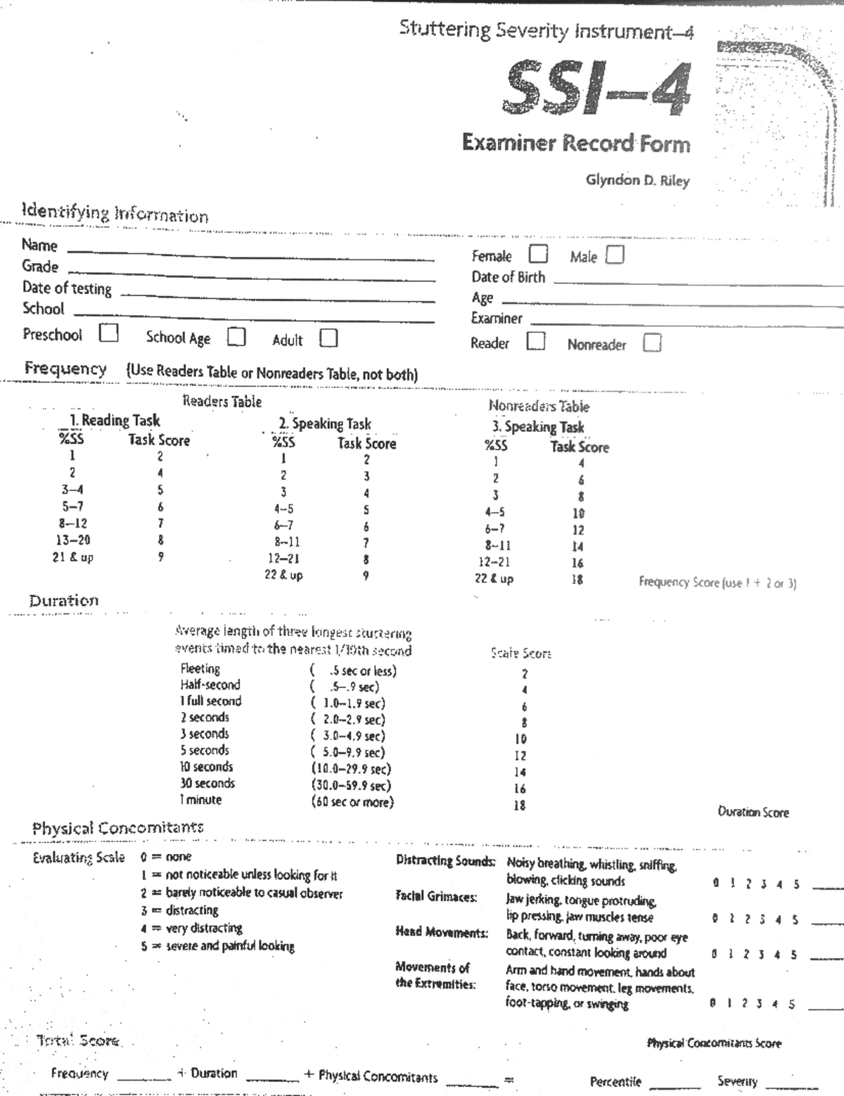 Out of Class Assignment Two SSI-4 Form - Stuttering Severity Examiner ...