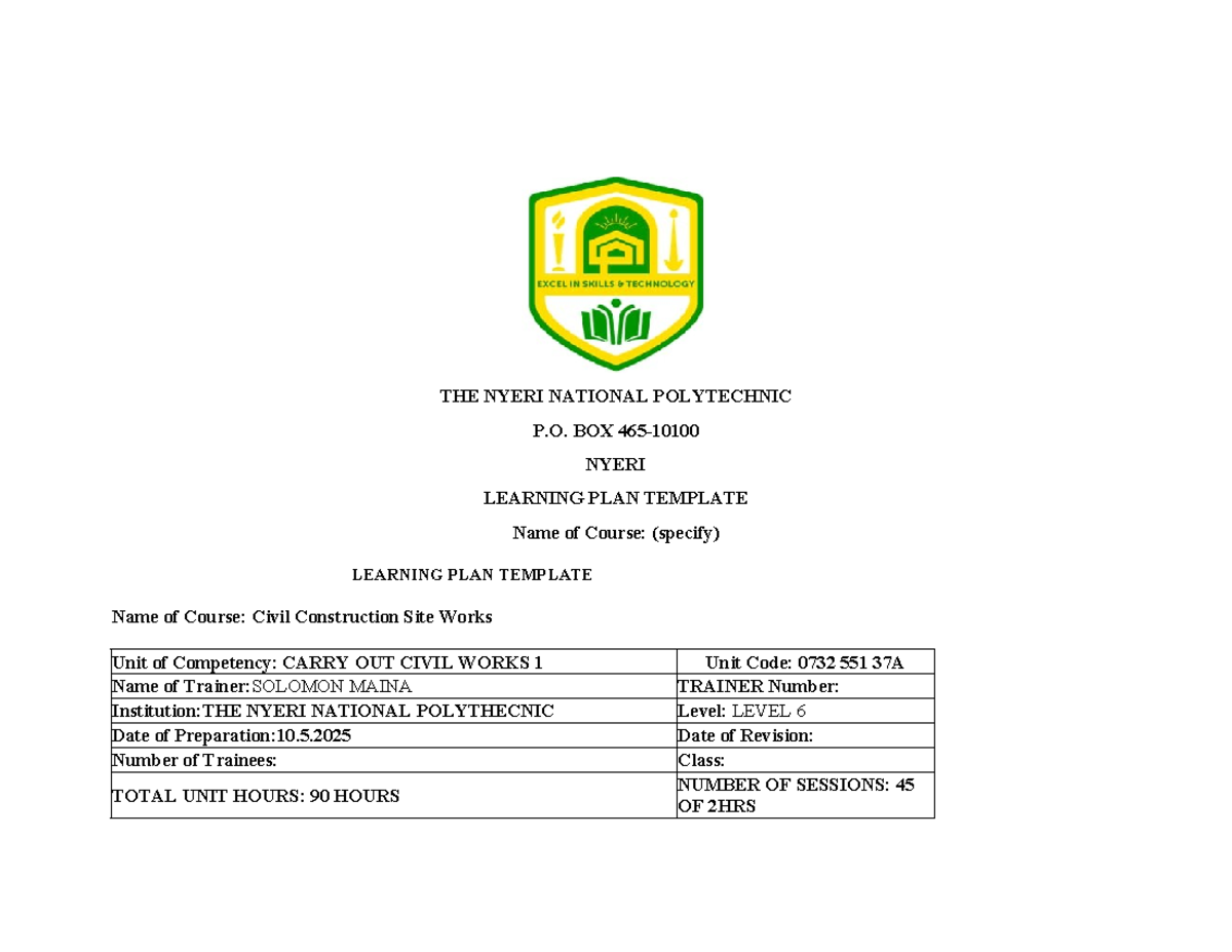 Civil Construction Site Works Learning Plan - Unit Code 0732 551 37A - Studocu