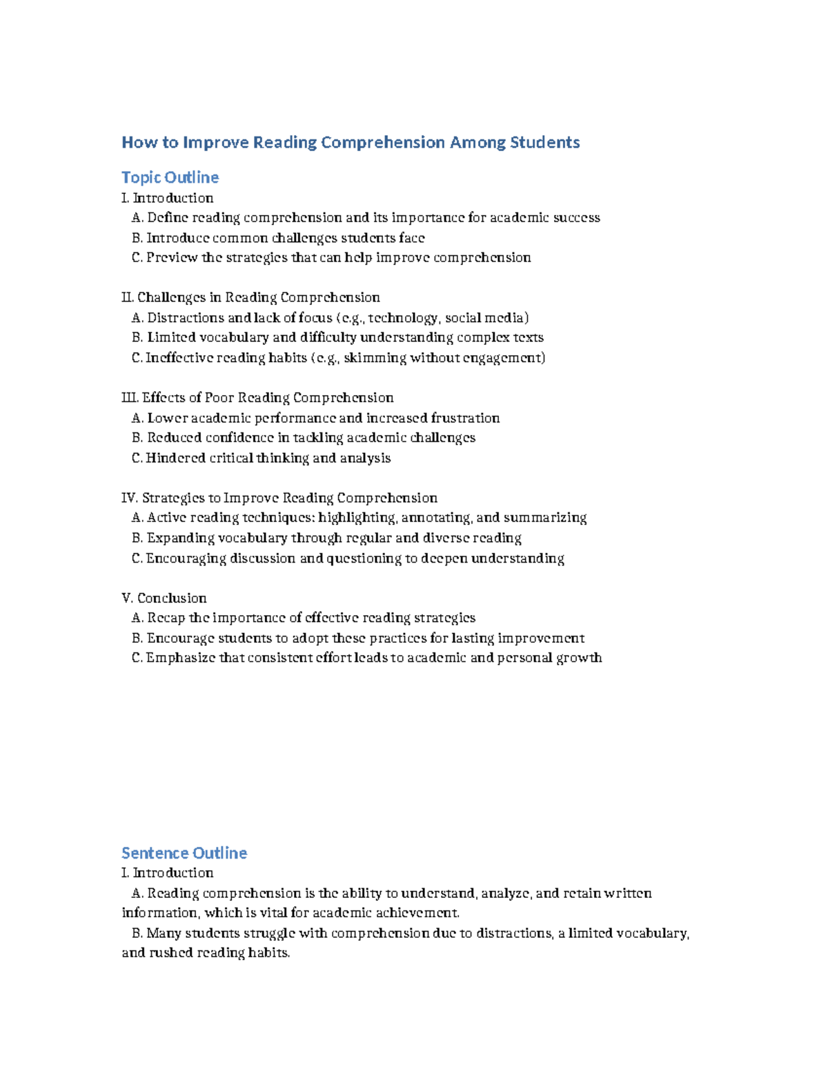 Reading Comprehension Outline - How to Improve Reading Comprehension ...