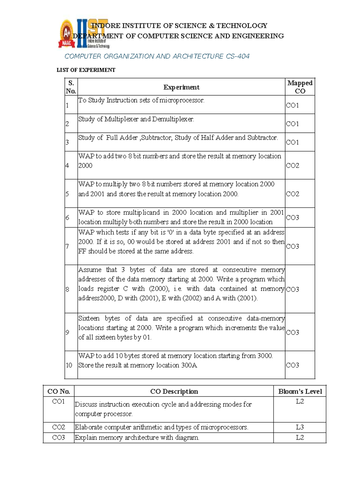 CS-404 List of Experiments in Computer Organization and Architecture ...