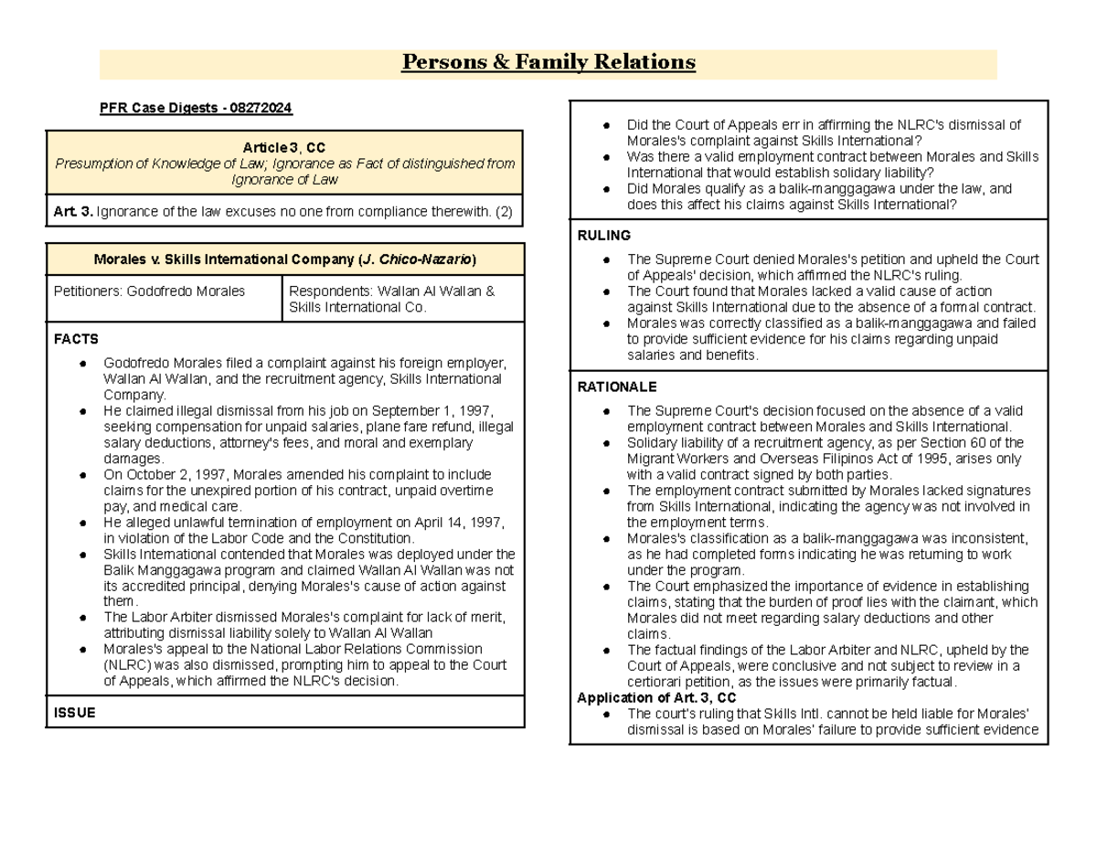 PFR Case Digests - Legal Principles and Significant Rulings Analysis ...
