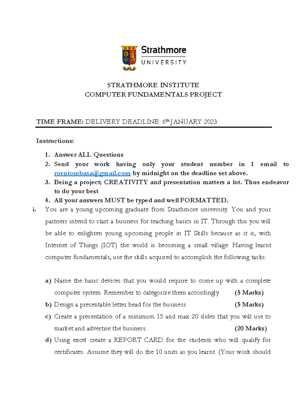 Strathmore Institute - Computer Fundamentals Project Practice Questions ...