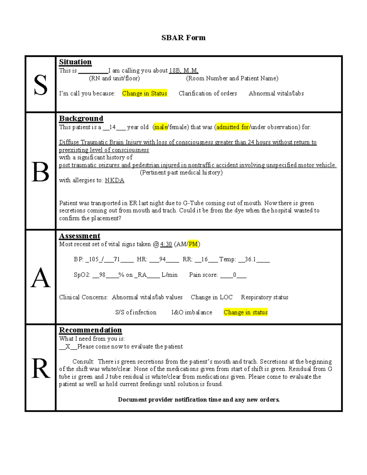 SBAR 1 - Patient Assessment & Recommendations for Critical Care - Studocu