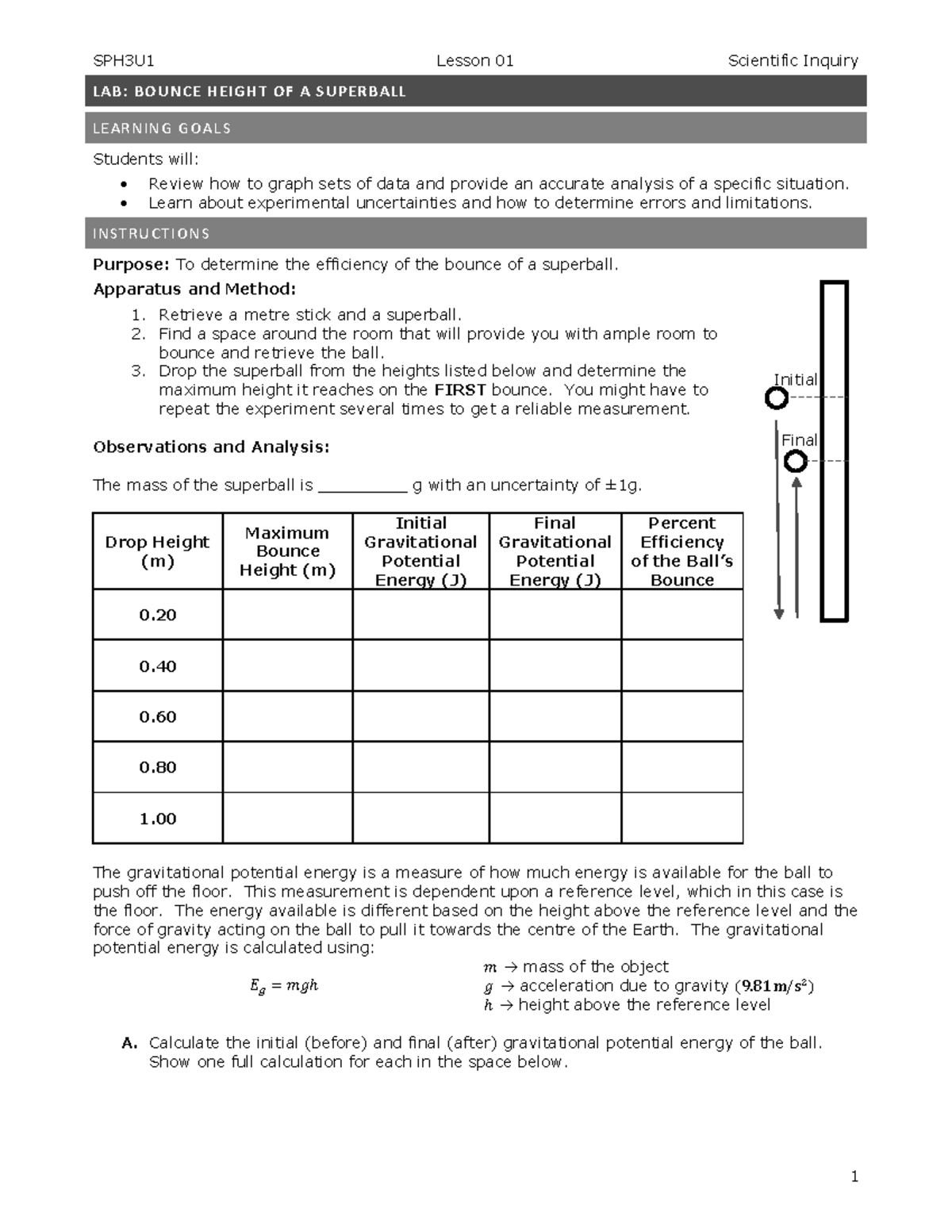SPH3U1 Lesson 01 Superball Bounce Efficiency Lab Analysis - Studocu