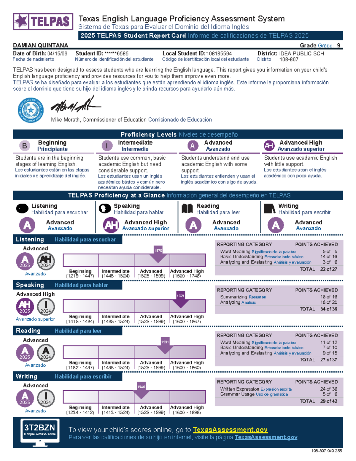 2025 TELPAS Grade 9 Student Report Card Informe de Calificaciones - Studocu