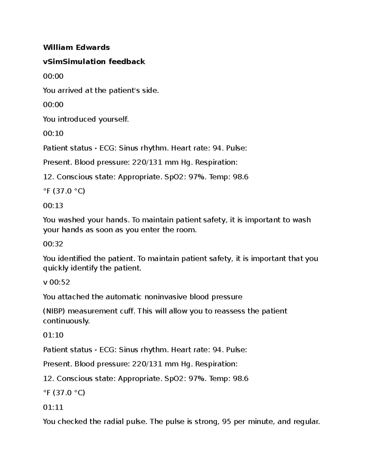 William Edwards v Sim: Simulation Feedback Summary for Patient ...