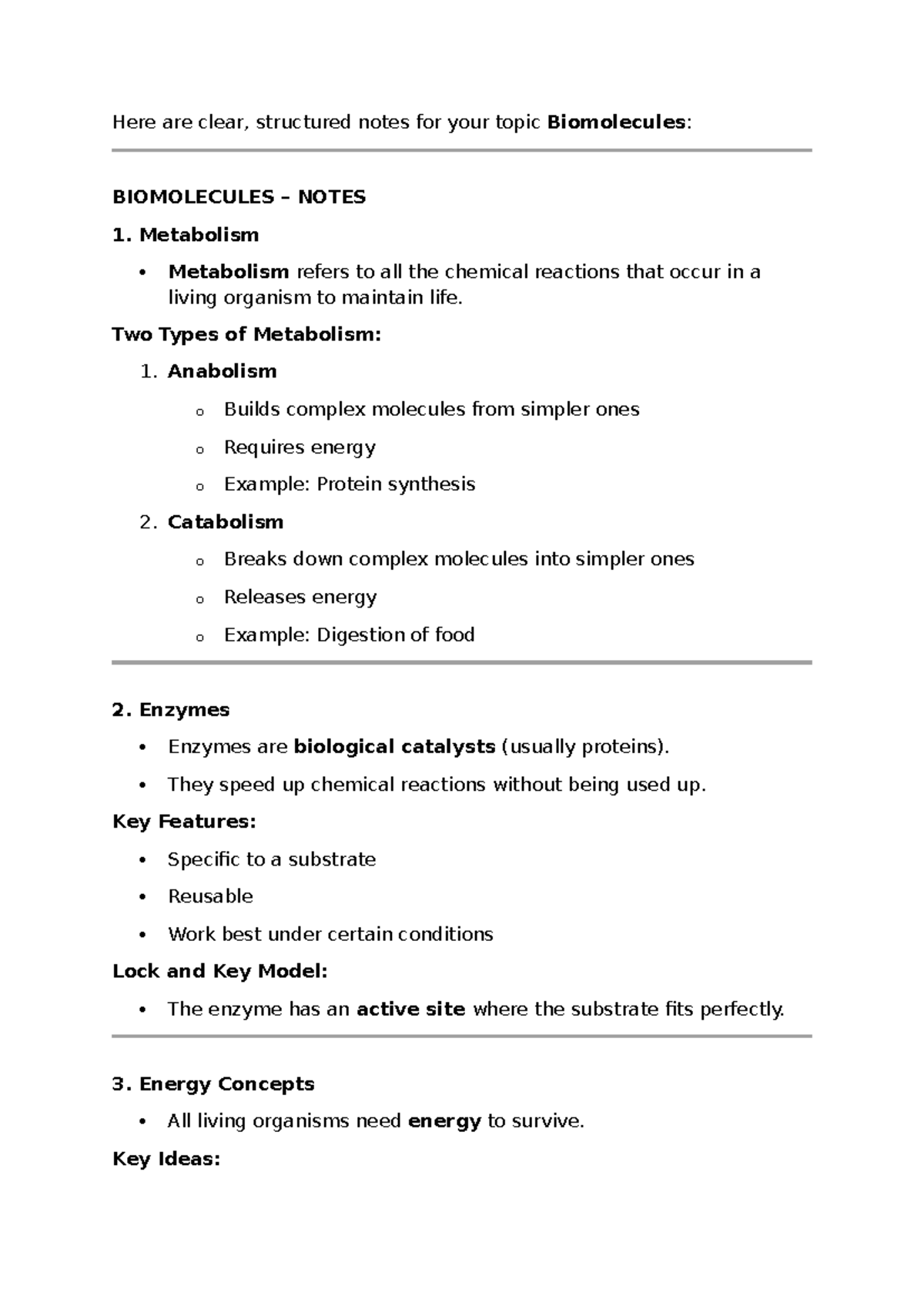 BIOL 101: Comprehensive Notes on Biomolecules and Metabolism - Studocu