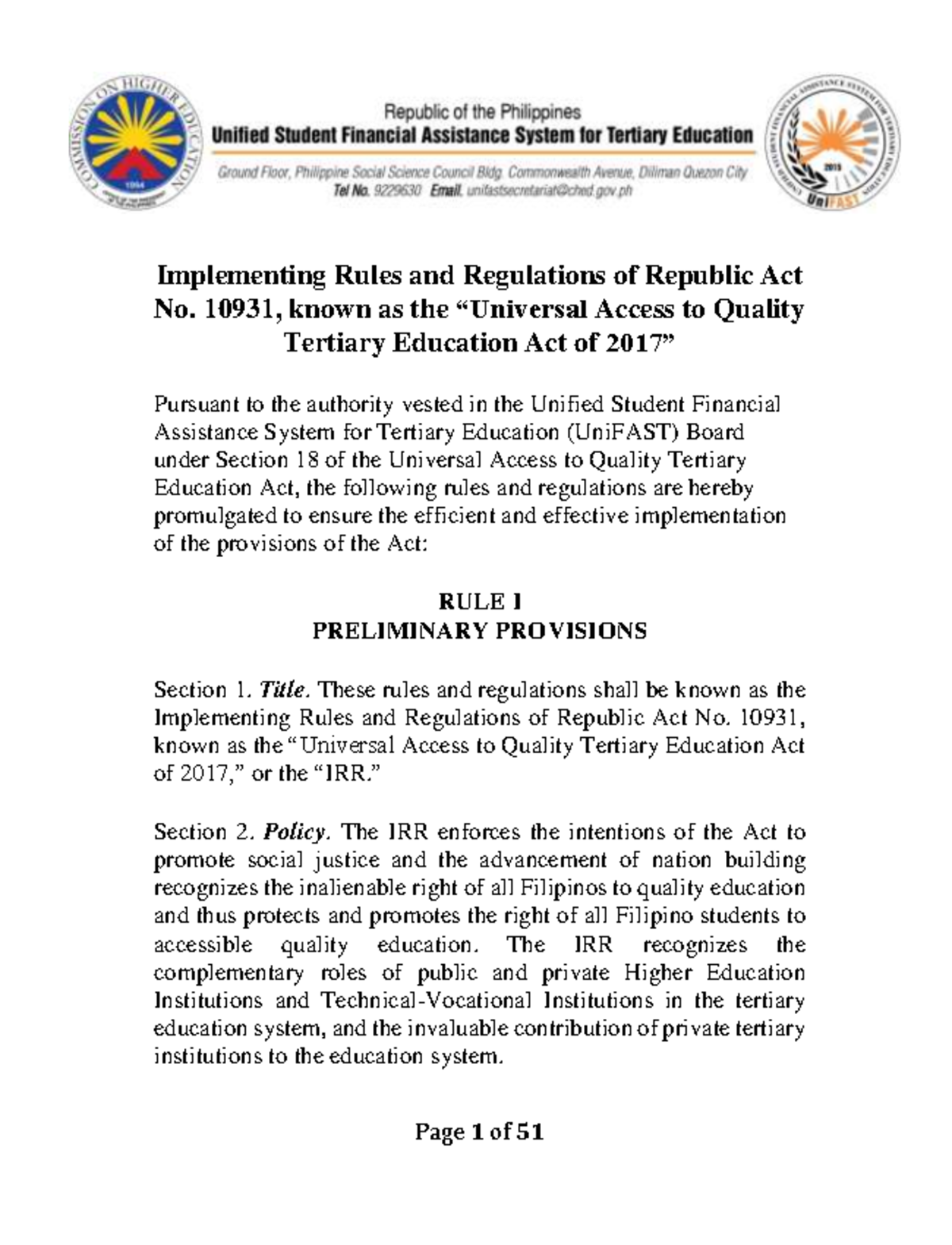 IRR of RA 10931: Guidelines for Quality Tertiary Education Access - Studocu