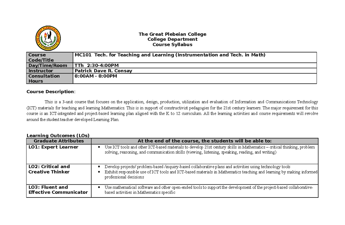 MC 101 Syllabus: Tech for Teaching & Learning in Math Education - Studocu