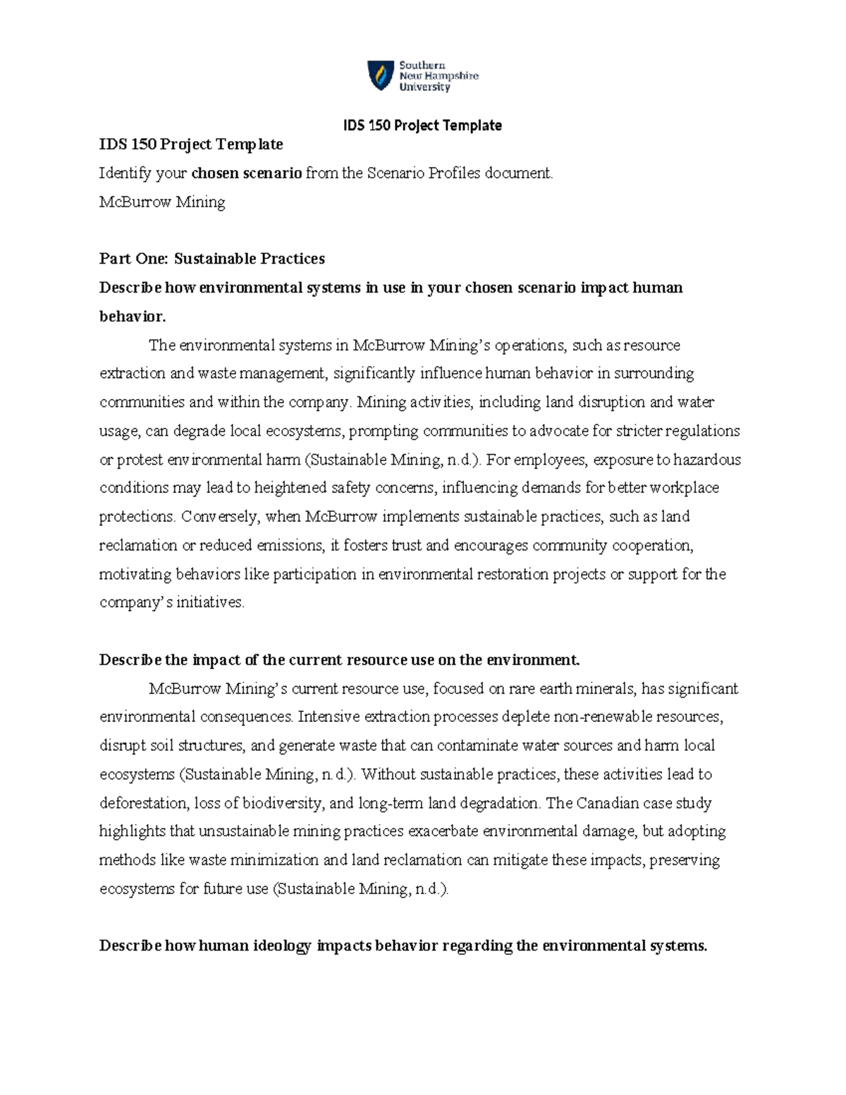 IDS 150 Project Template: Sustainable Practices in McBurrow Mining ...