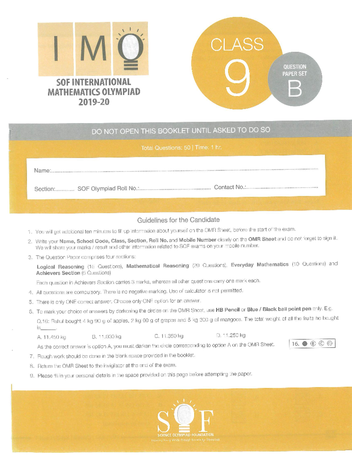 IMO Class IX 2022 23 - M CLASS QUESTION PAPER SET SOF INTERNATIONAL ...