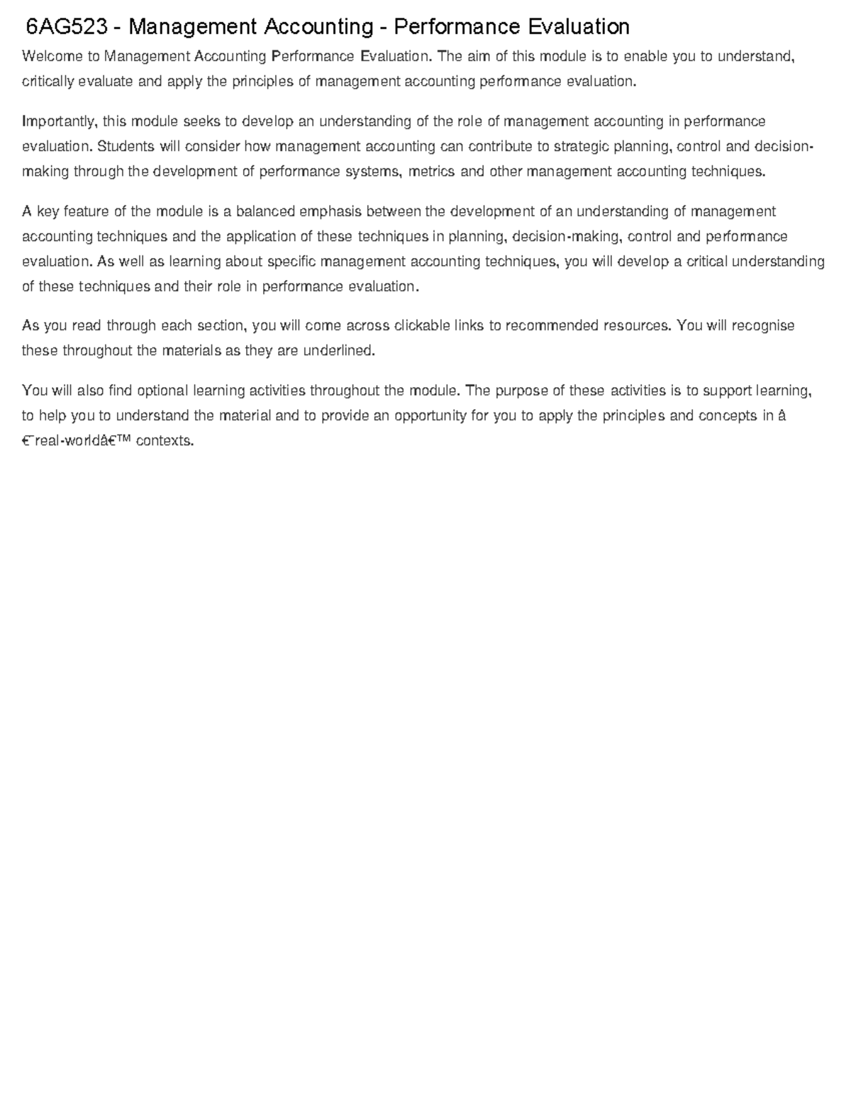6AG523 - Management Accounting - Understanding Performance Evaluation ...
