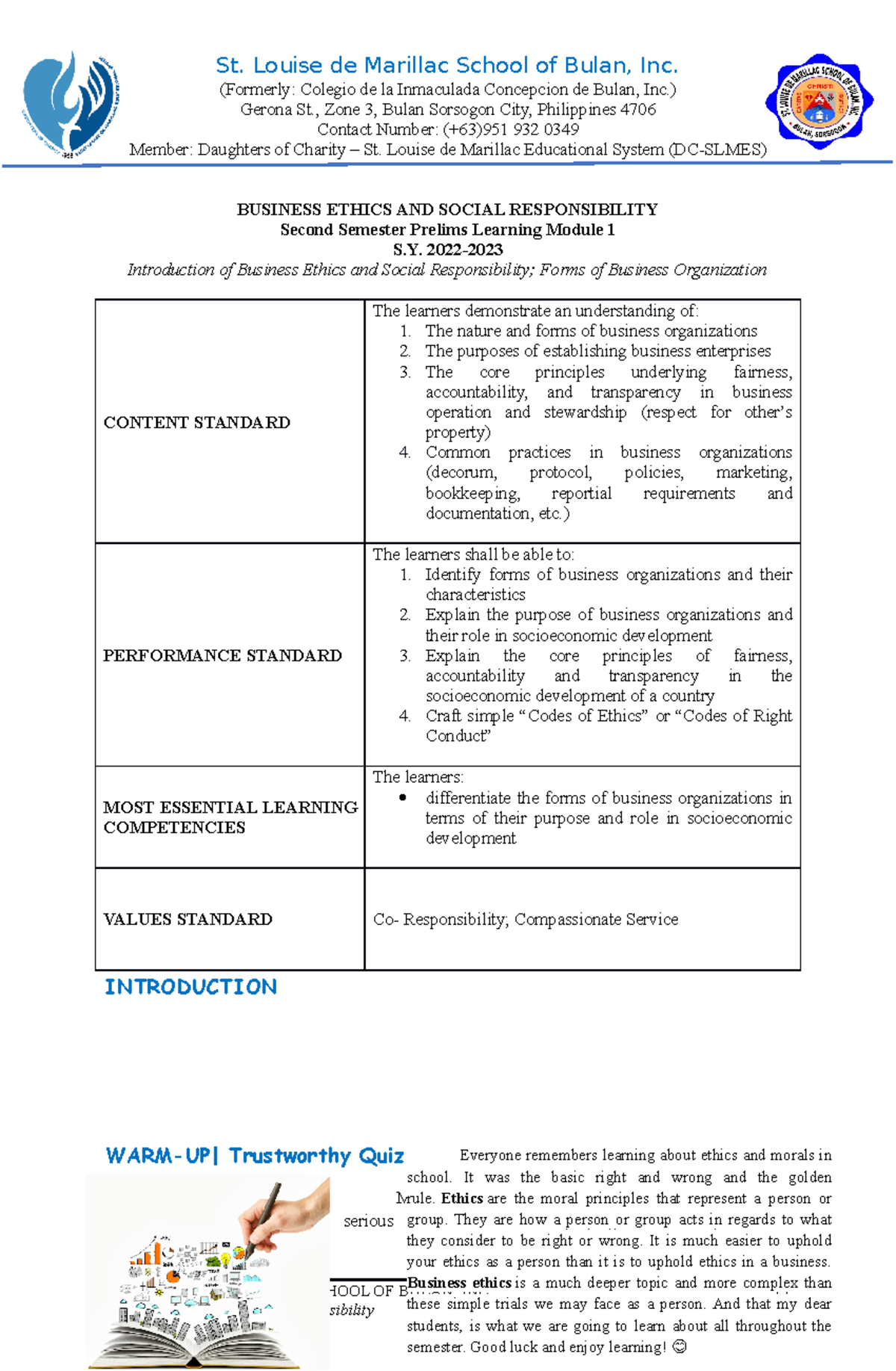 Business Ethics Prelims Module 1 - St. Louise de Marillac School of ...