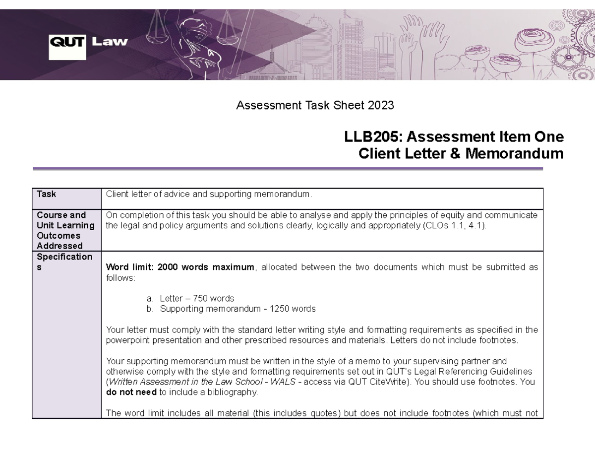 LB205 - Client Letter & Memorandum Assessment Guidelines 2023 - Studocu