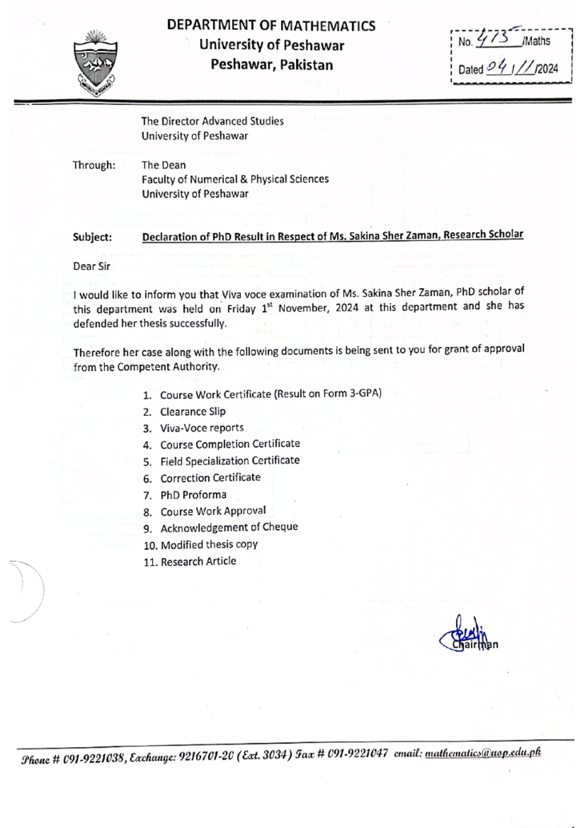 PhD Thesis Defense Results: Ms. Sakina Sher Zaman - Math Dept. - Studocu