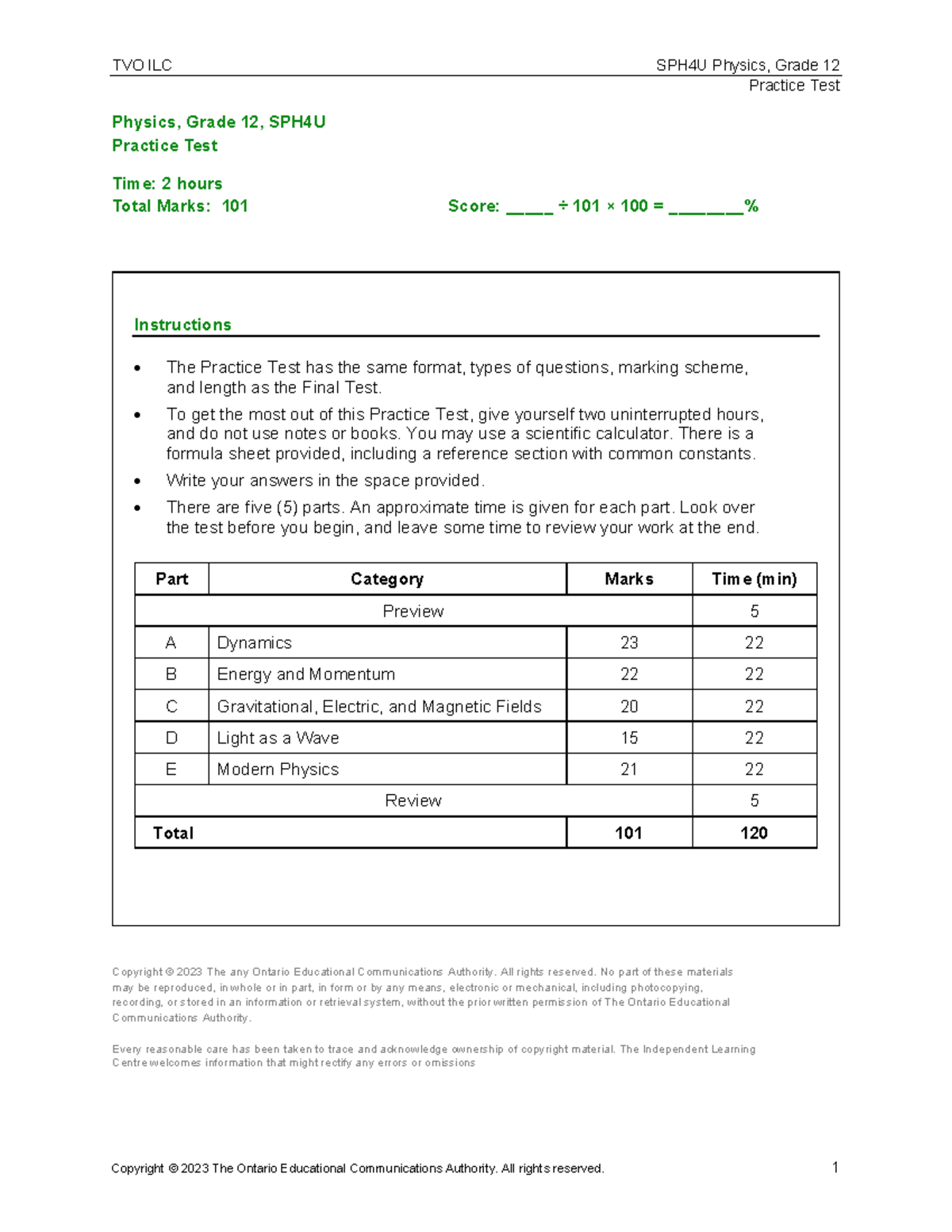SPH4U Grade 12 Physics Practice Test with Formula Sheet & Answers - Studocu