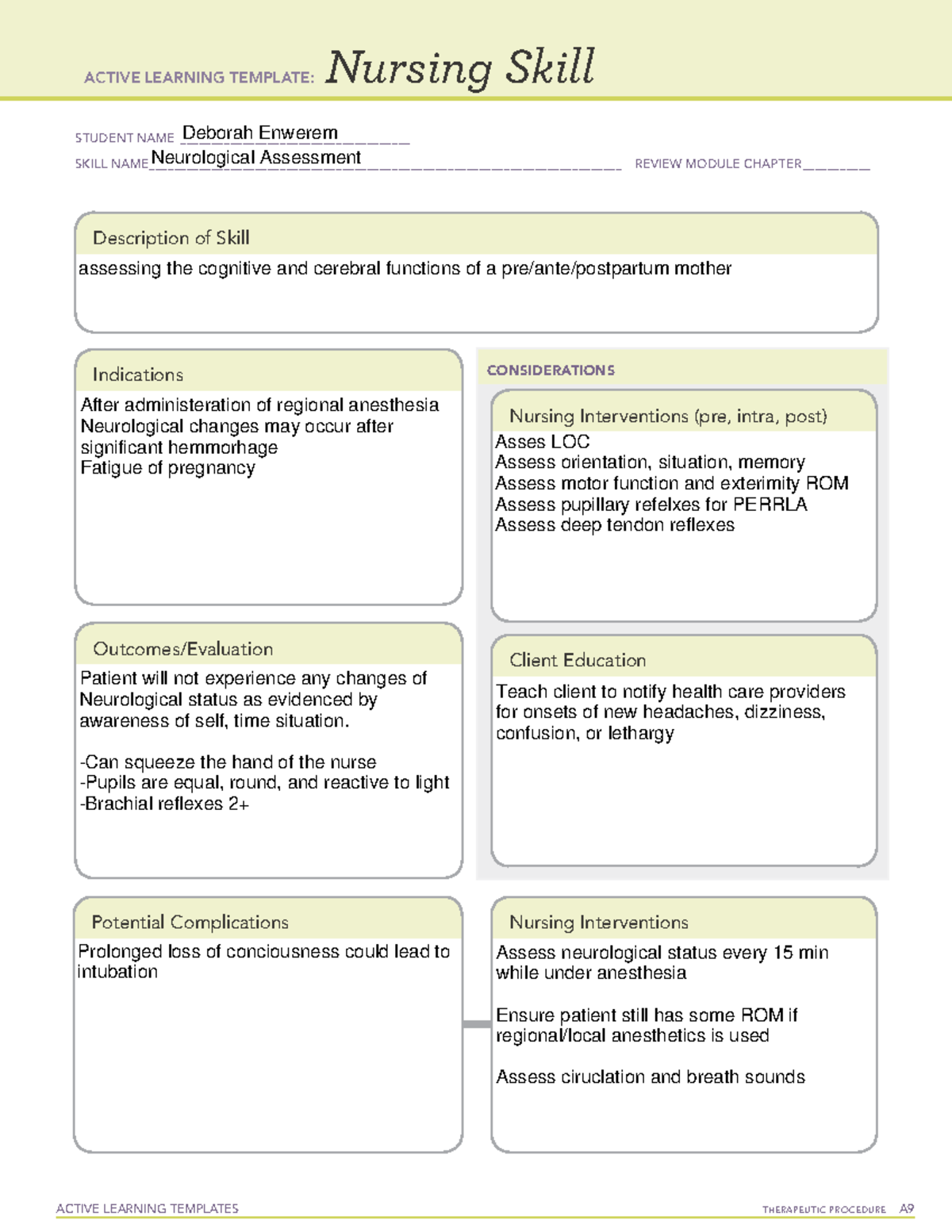 Neurological Assessment Nursing Skill: Active Learning Template - Studocu