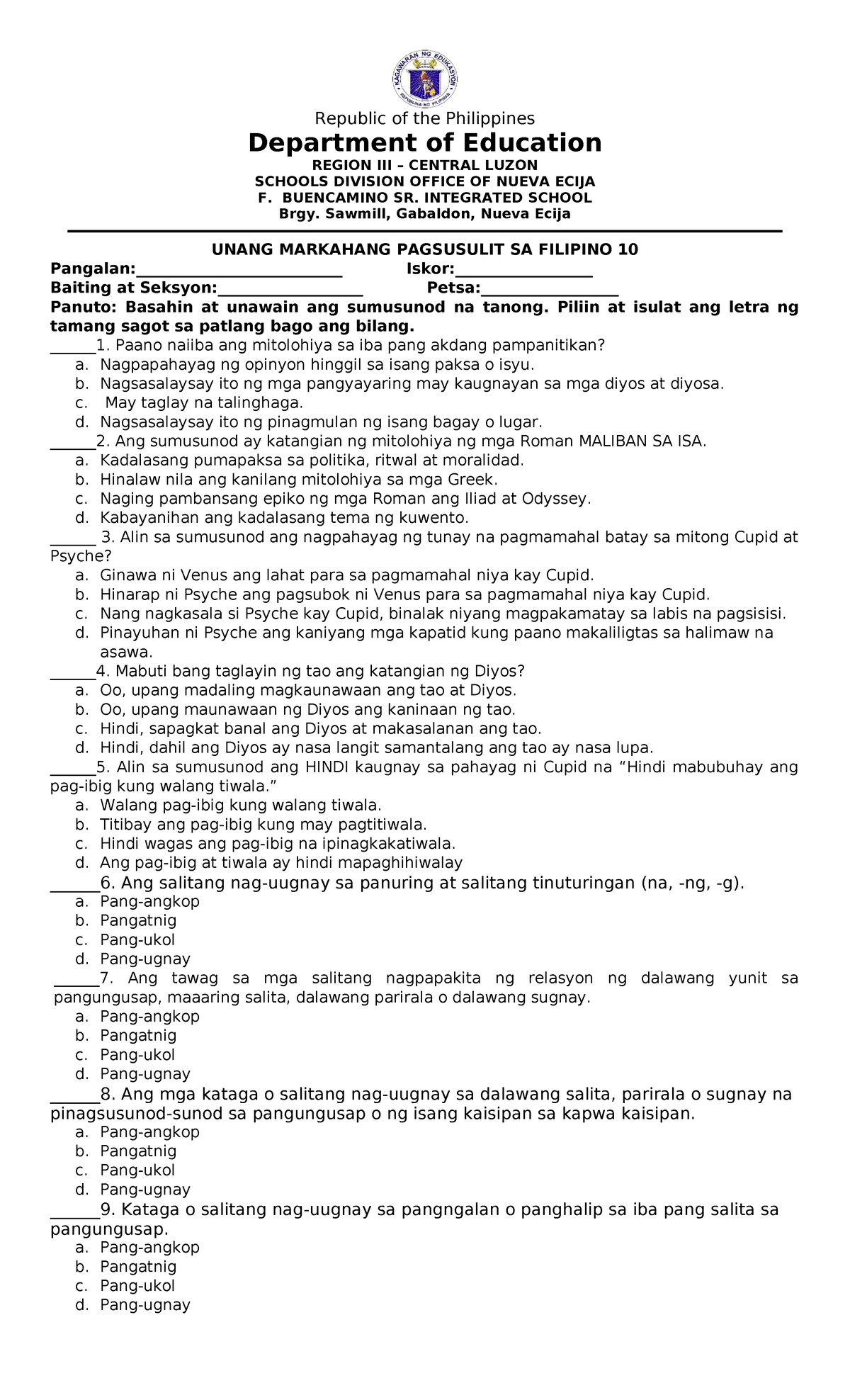 Midterm Exam in Filipino 10: Unang Markahang Pagsusulit - Studocu