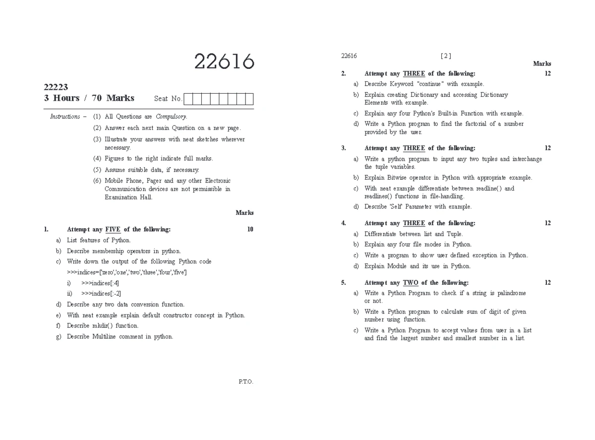 W22 - question paper - P.T. Instructions – (1) All Questions are Compulsory. (2) Illustrate your ...