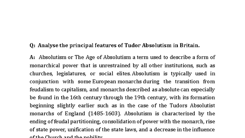 Tudor Absolutism: Key Features and Historical Context - Studocu