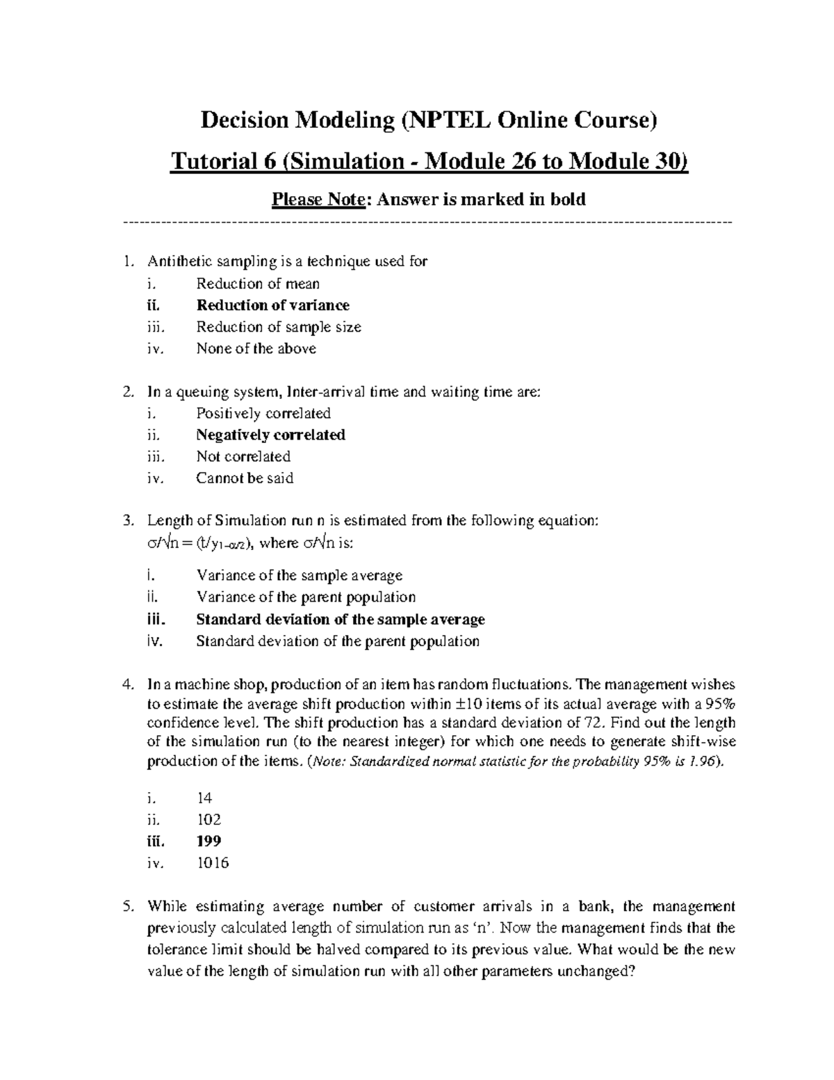 Assignment-6solution - Decision Modeling (NPTEL Online Course) Tutorial 6 (Simulation - Module ...