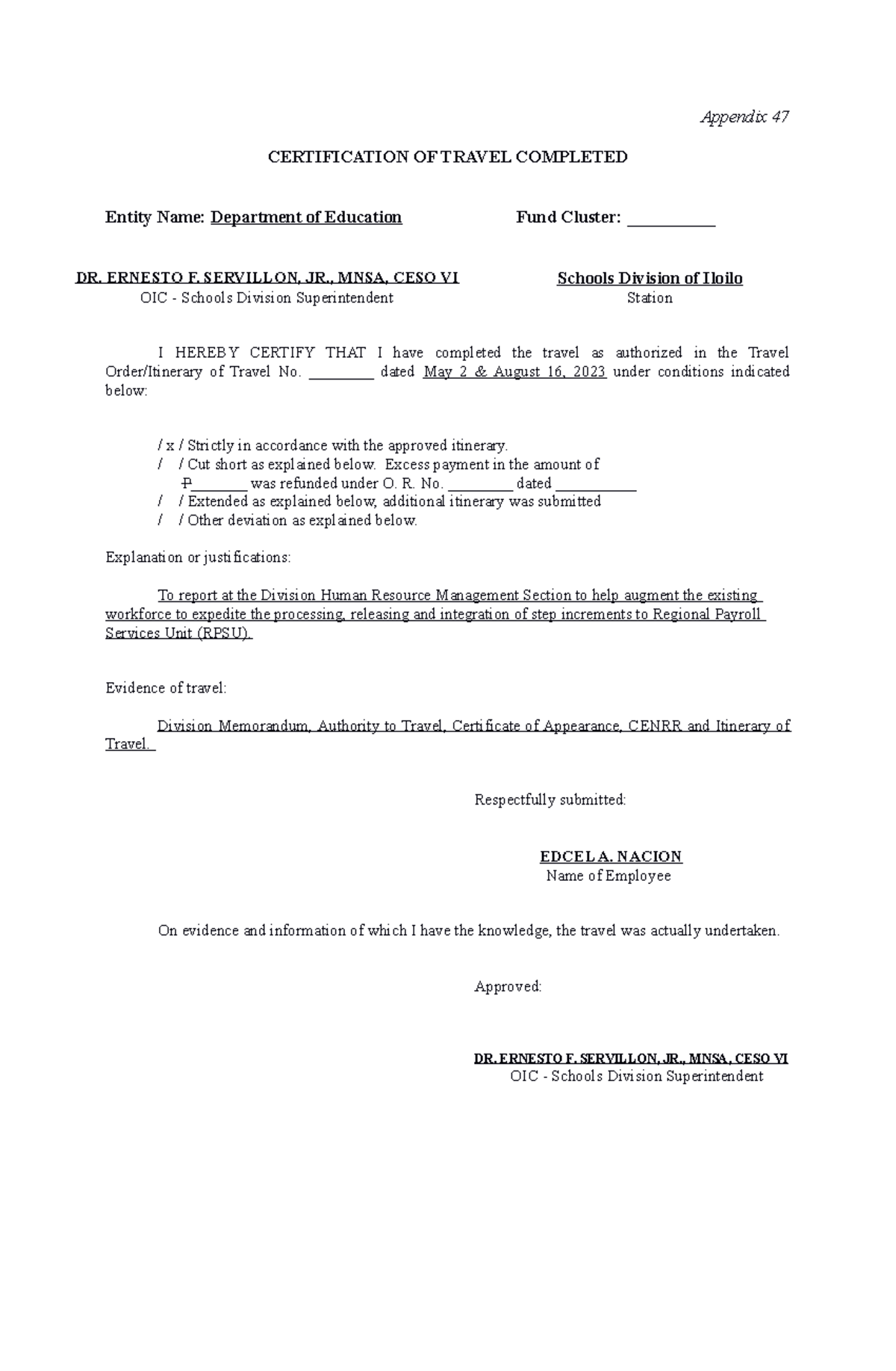 Travel Certification Document for Department of Education - Appendix 47 ...