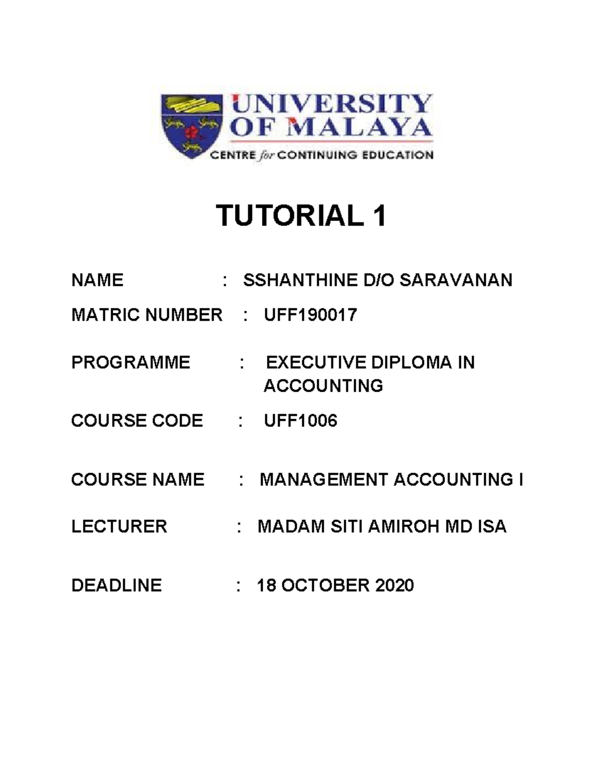 Management Accounting I (UFF) Tutorial 1 Answer Key - Studocu