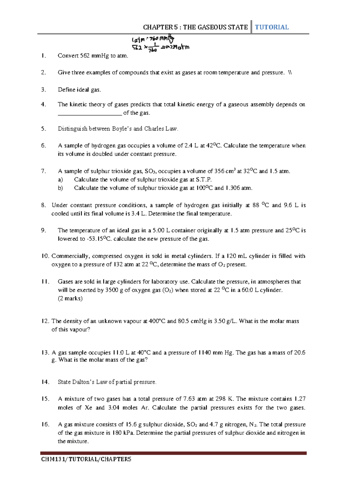 Tutorial 5: The Gaseous State - Key Concepts & Problems - Studocu